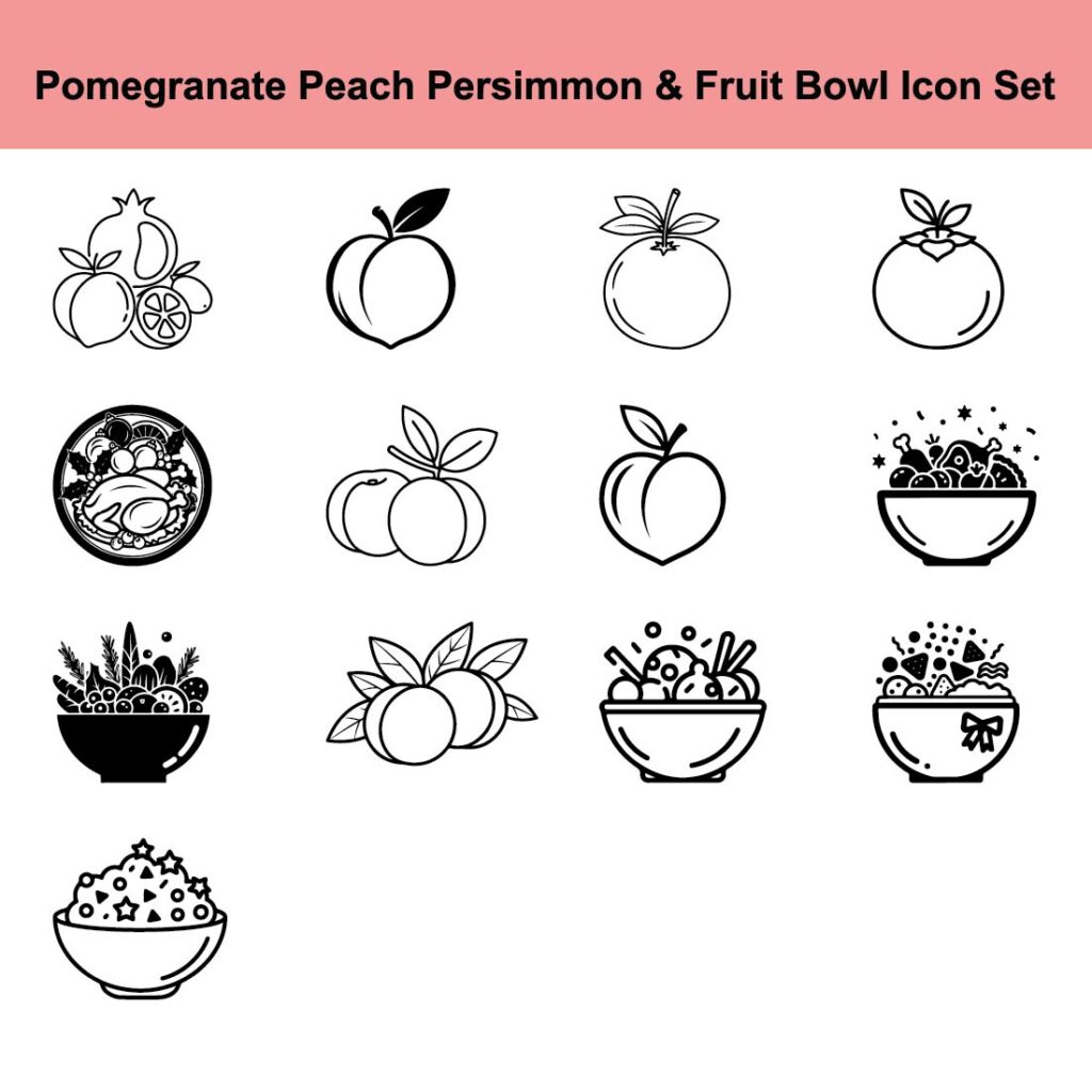 Set of Fruit Icons Including Pomegranate Peach Persimmon and Assorted ...