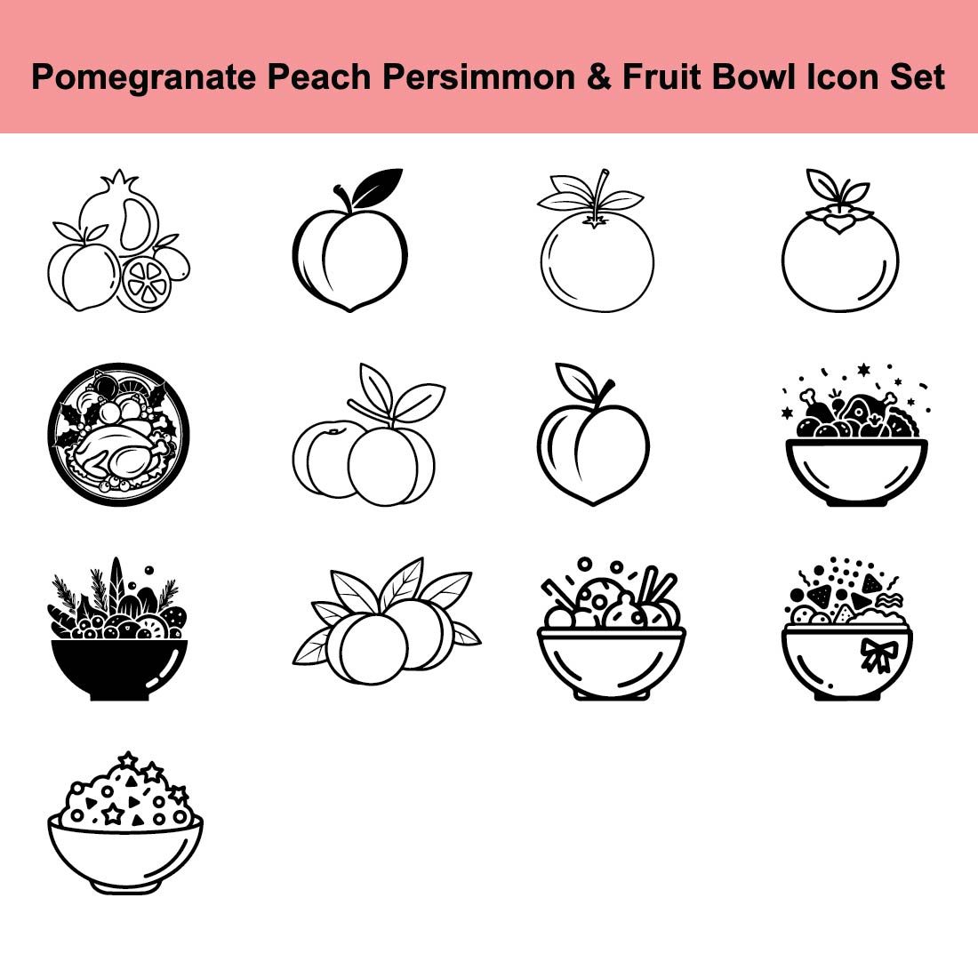 Set of Fruit Icons Including Pomegranate Peach Persimmon and Assorted Fruit Bowls in Simple ...