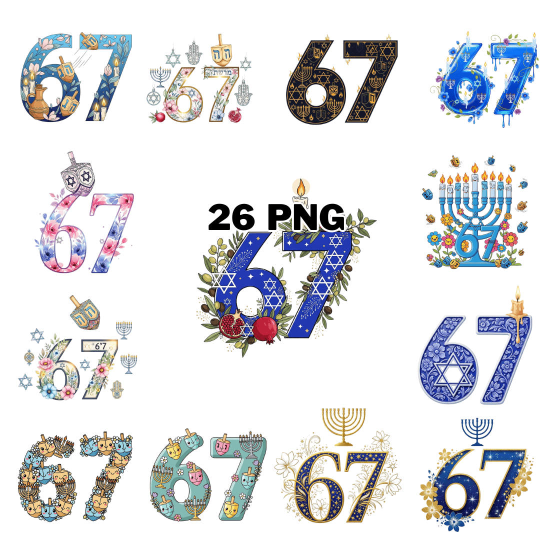 Hanukkah numbers sixty seven with dreidels & menorah sublimation ...