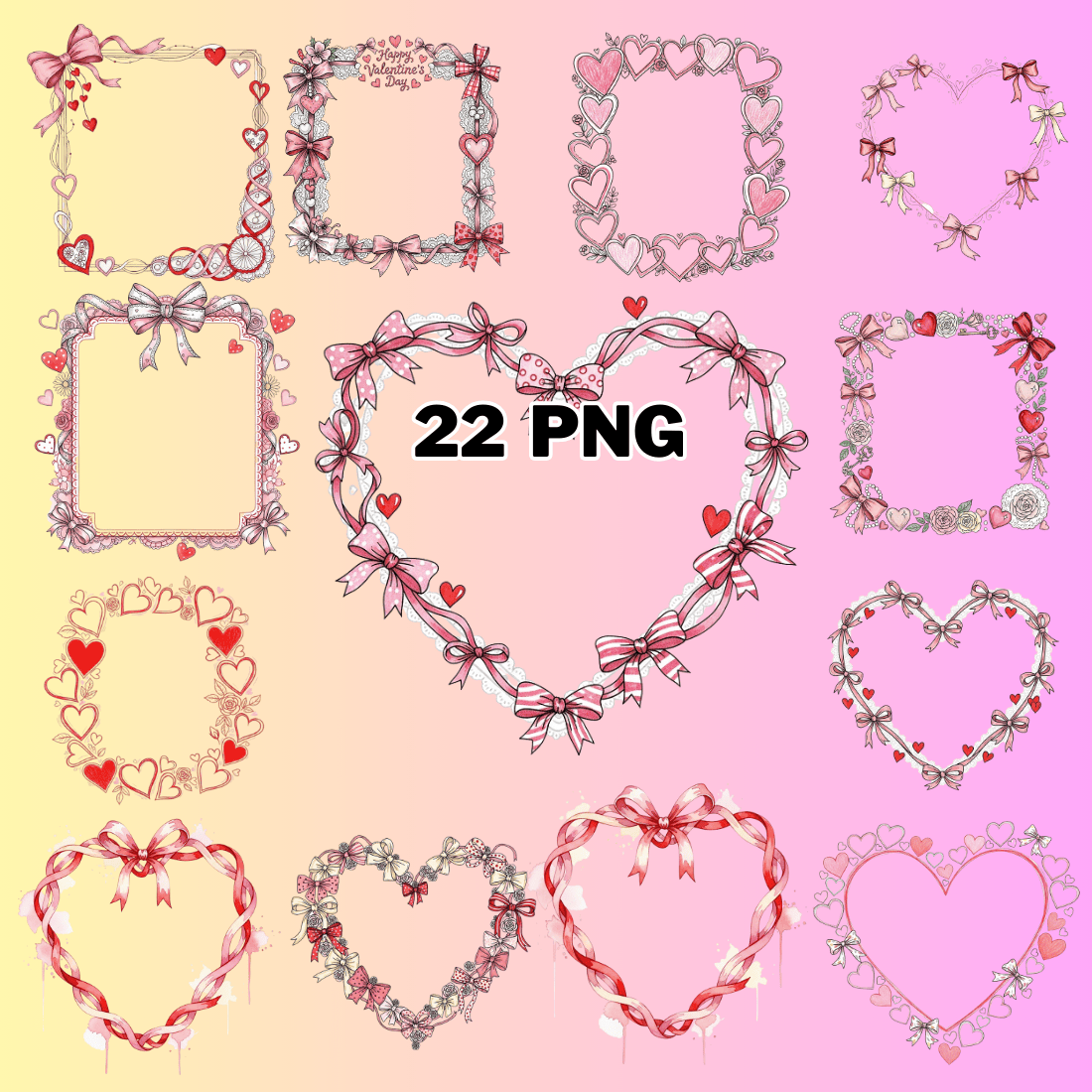 Hand-Drawn Valentine Coquette Heart Frame Sublimation Clipart Bundle ...