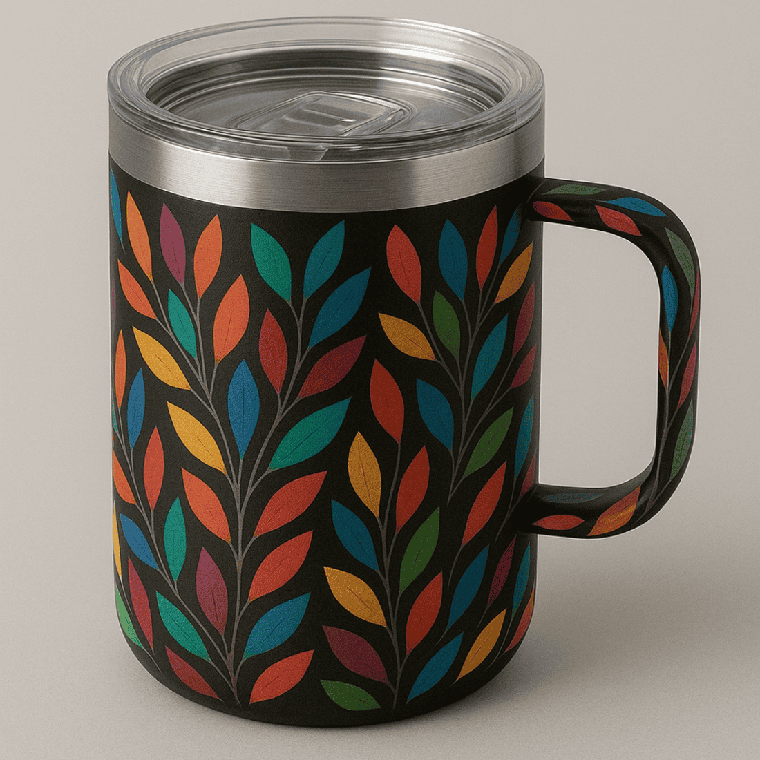 “Bold Black Multicolour Petal Mug Duo with Silver & Transparent Cover ...