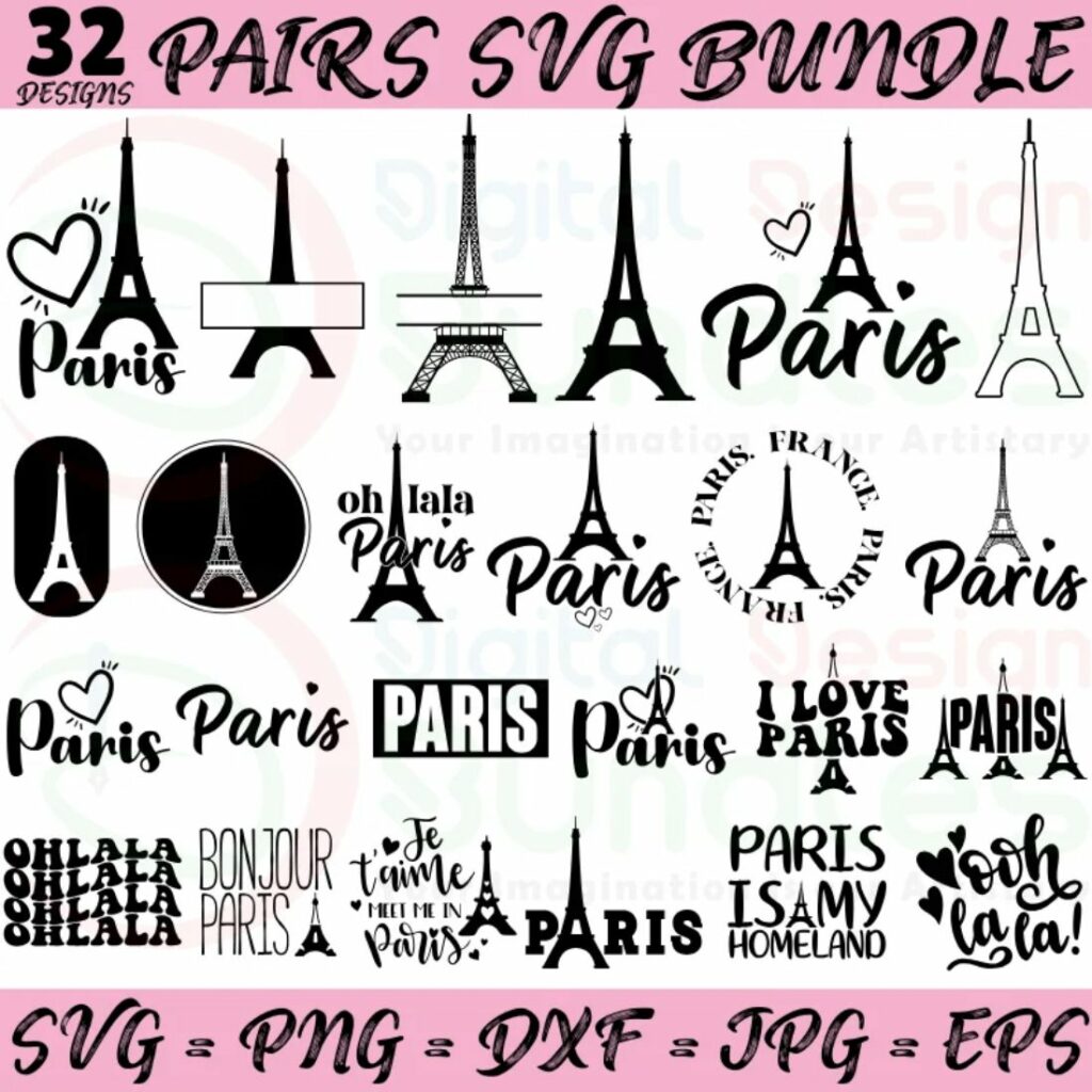 Paris SVG Bundle (32 Designs) – Eiffel Tower & Paris Landmarks SVG PNG ...