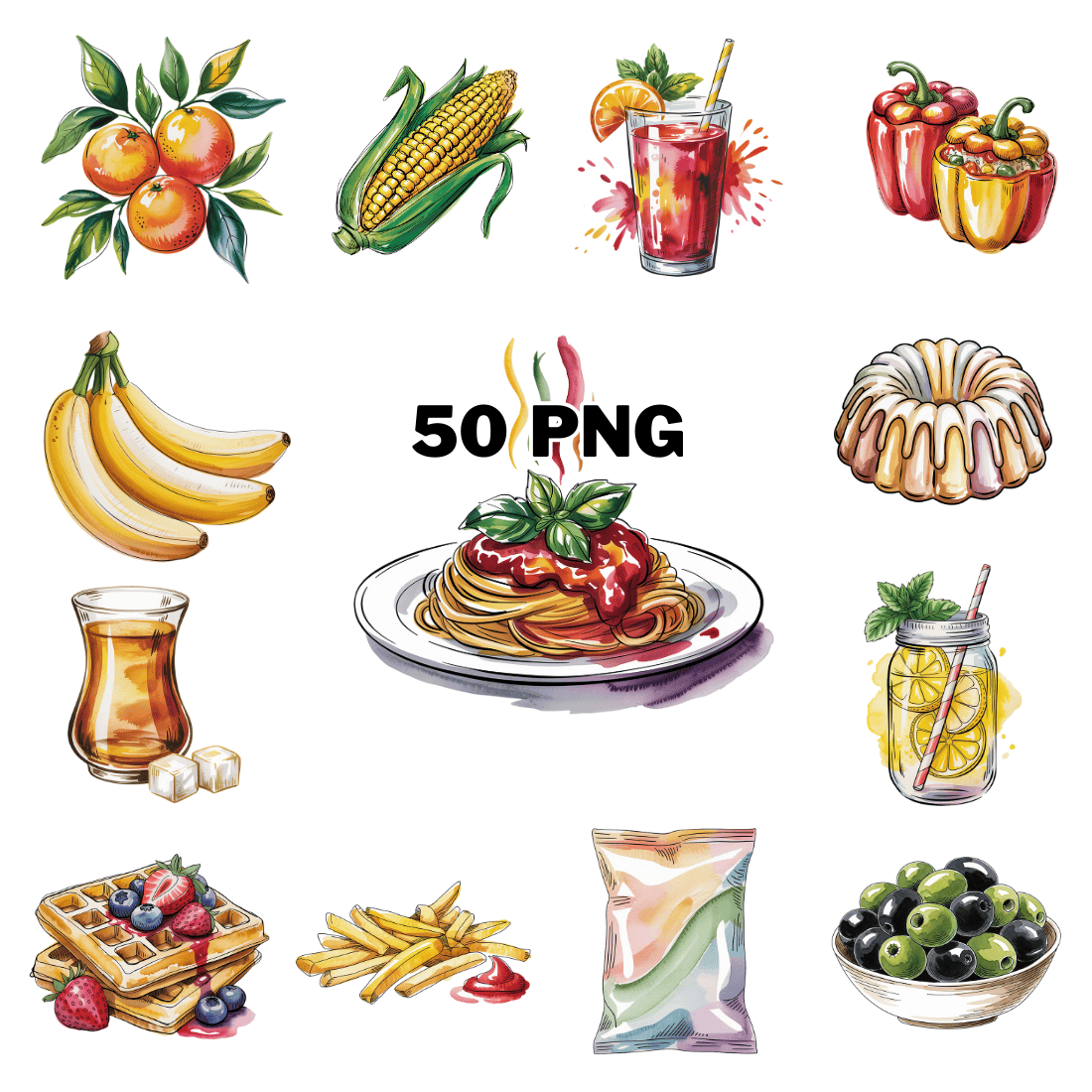 Hand-drawn Delicious food and drink items for holidays and celebrations ...