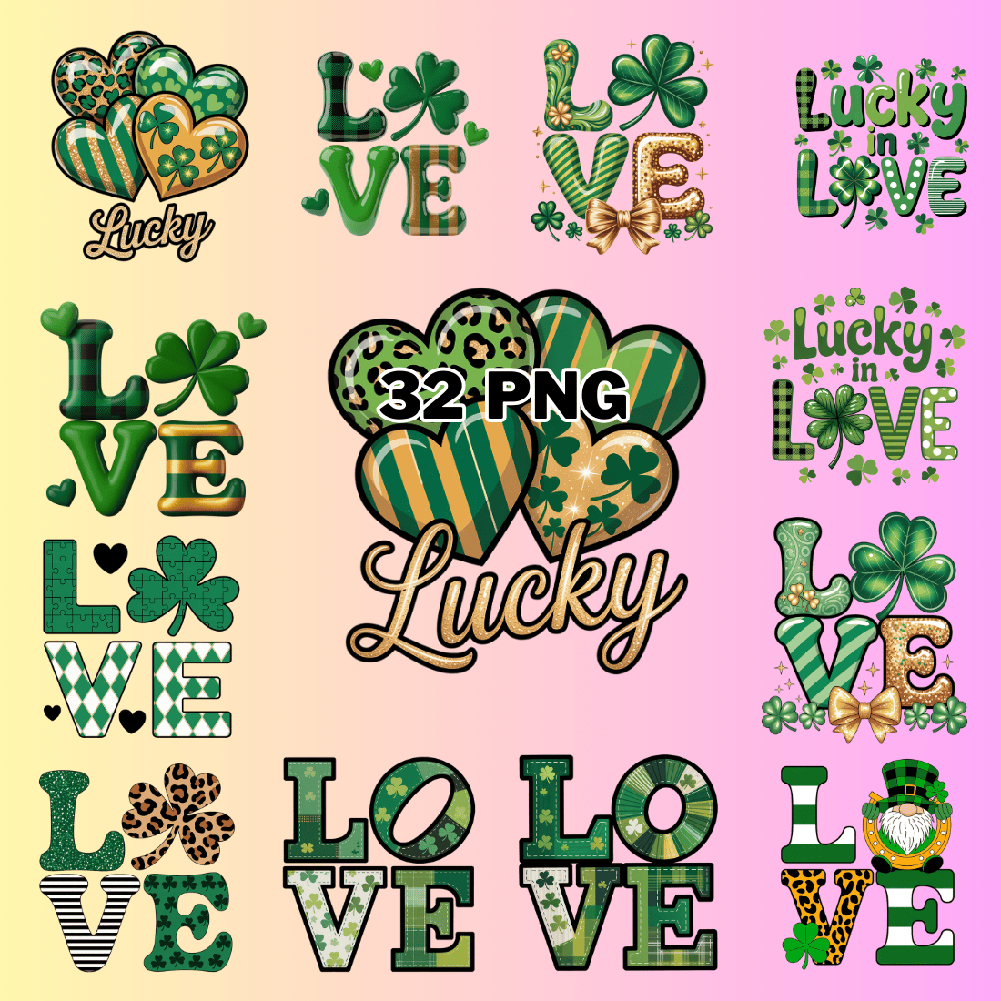 St. Patrick's Day Love and Lucky Typography Sublimation Clipart Bundle ...