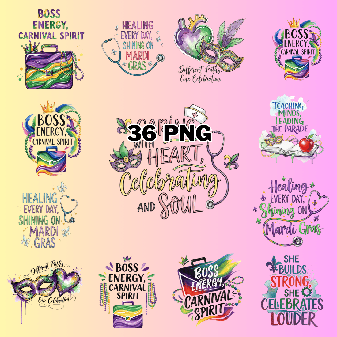 Watercolor Professional Mardi Gras Sublimation Clipart Bundle ...