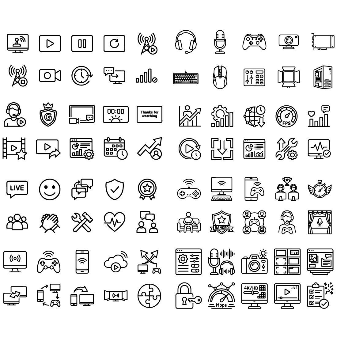 80 Gaming & Streaming Line Icons Set – Esports, Video, Live & Media ...