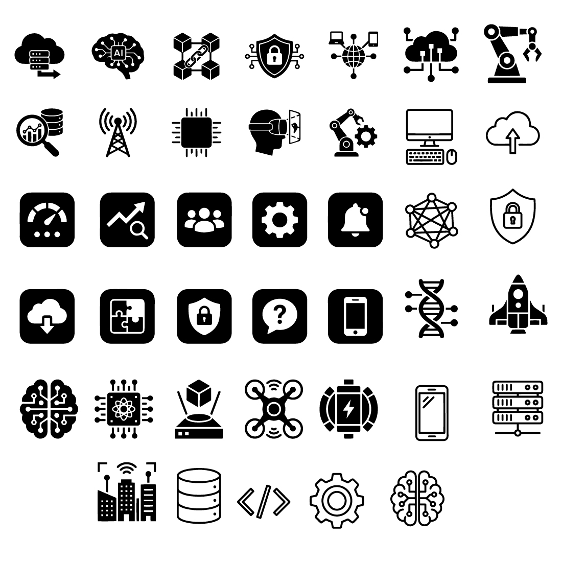 40 Technology & AI Solid Icons – Cloud, Network, Security & Automation ...