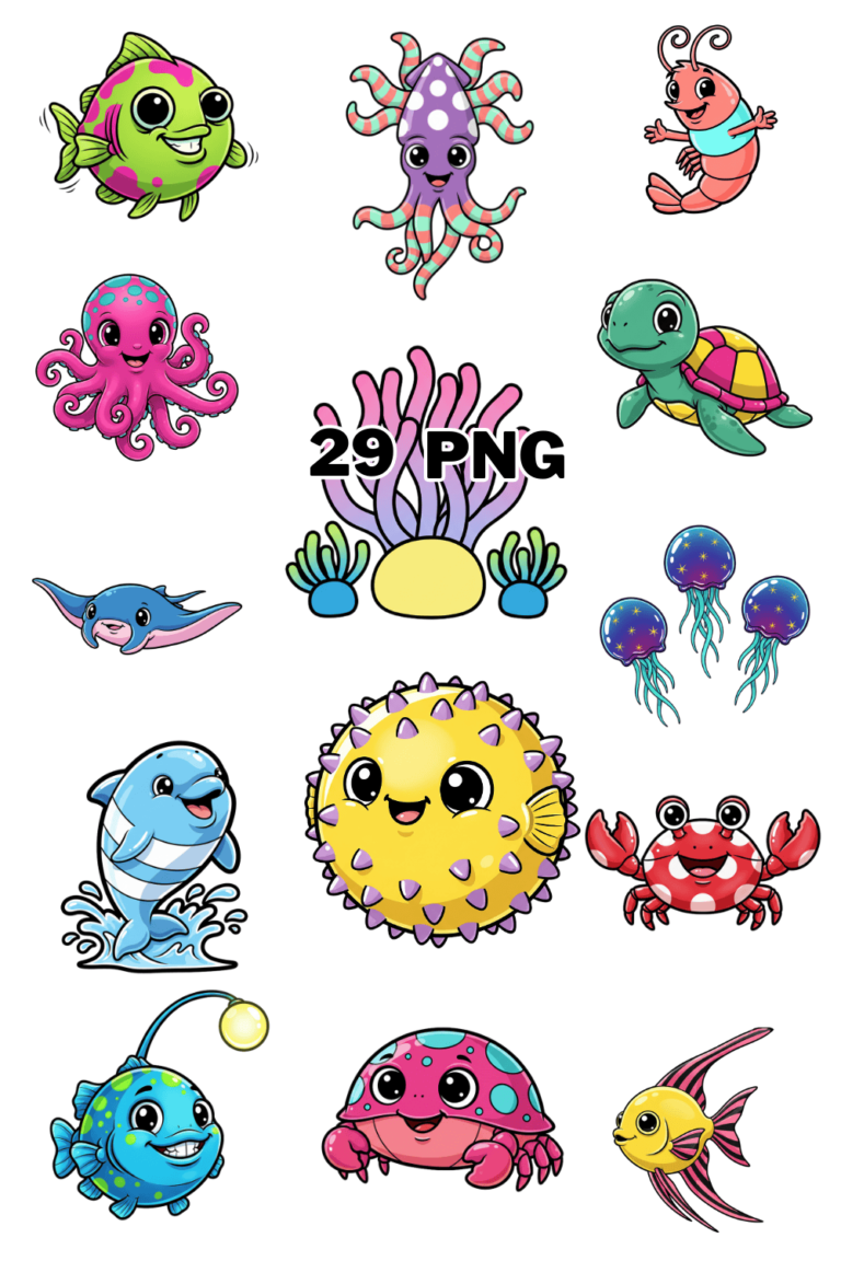 Colorful Marine Life Sea Animals Sublimation Clipart Bundle - MasterBundles
