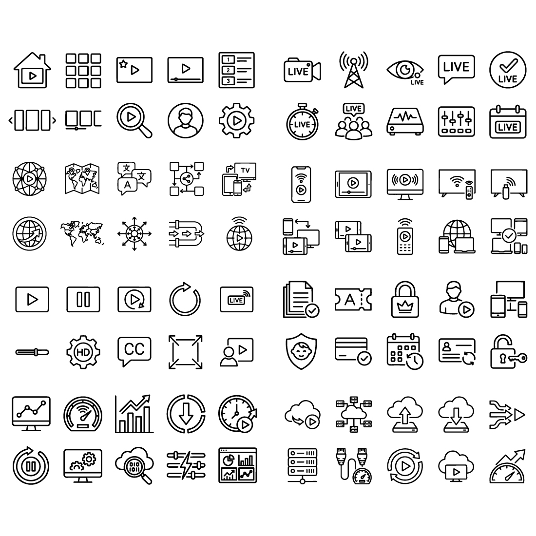 80 Streaming & Live Video Line Icons Set – Broadcasting, Media & Online ...
