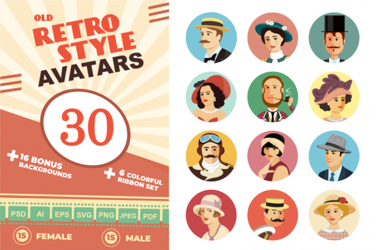 30 Retro Avatars: People Vector Cartoon Collection + Free Bonus ...