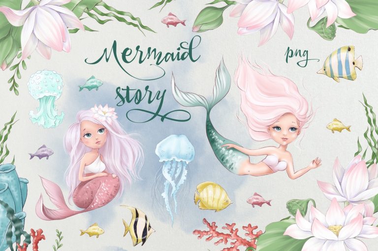 Mermaid Character Design: Mermaids, Fishes, Sea Elements – MasterBundles