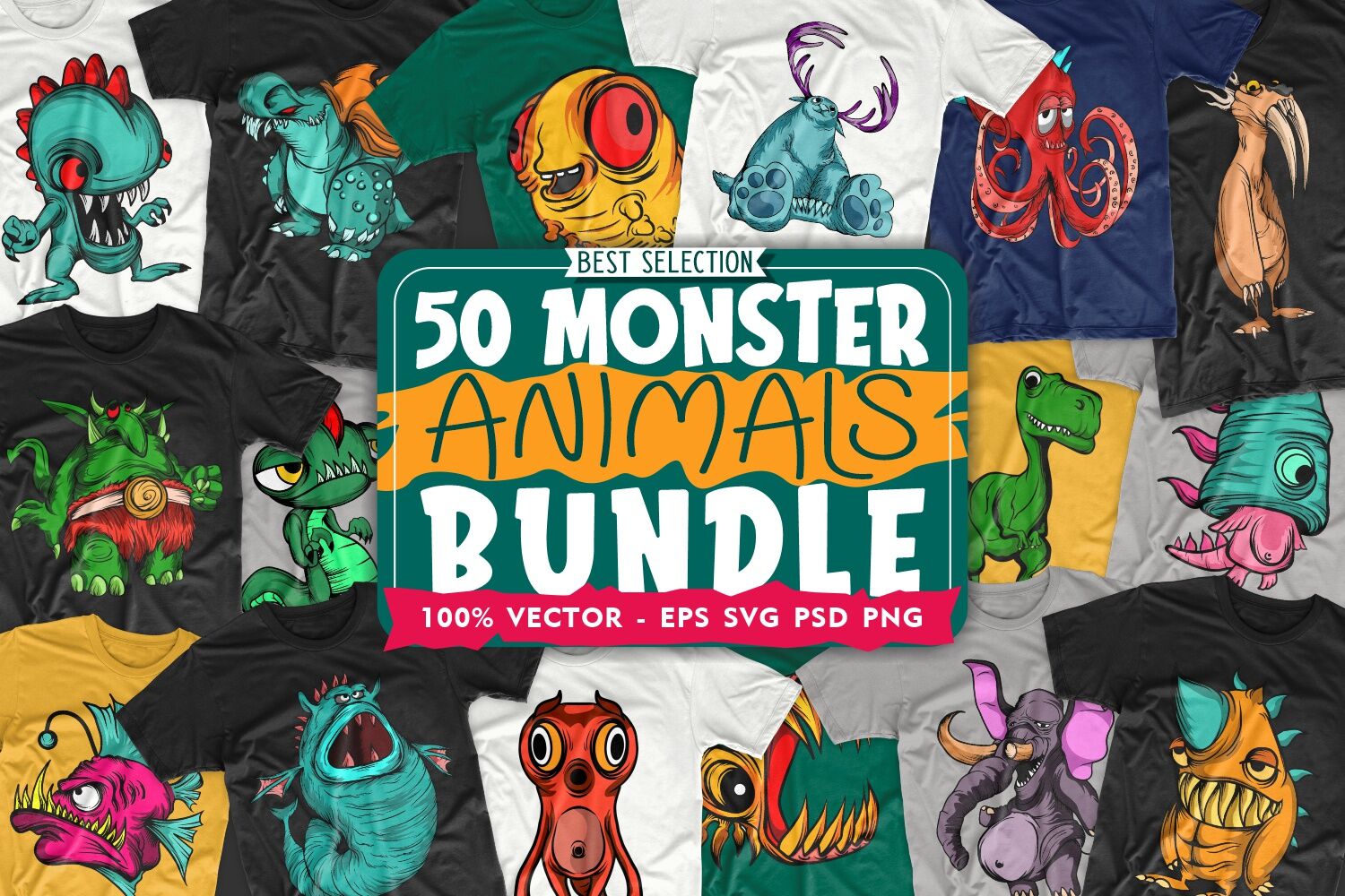 Cartoon T-shirt Designs - 50 Monster Animals Cartoon Bundle