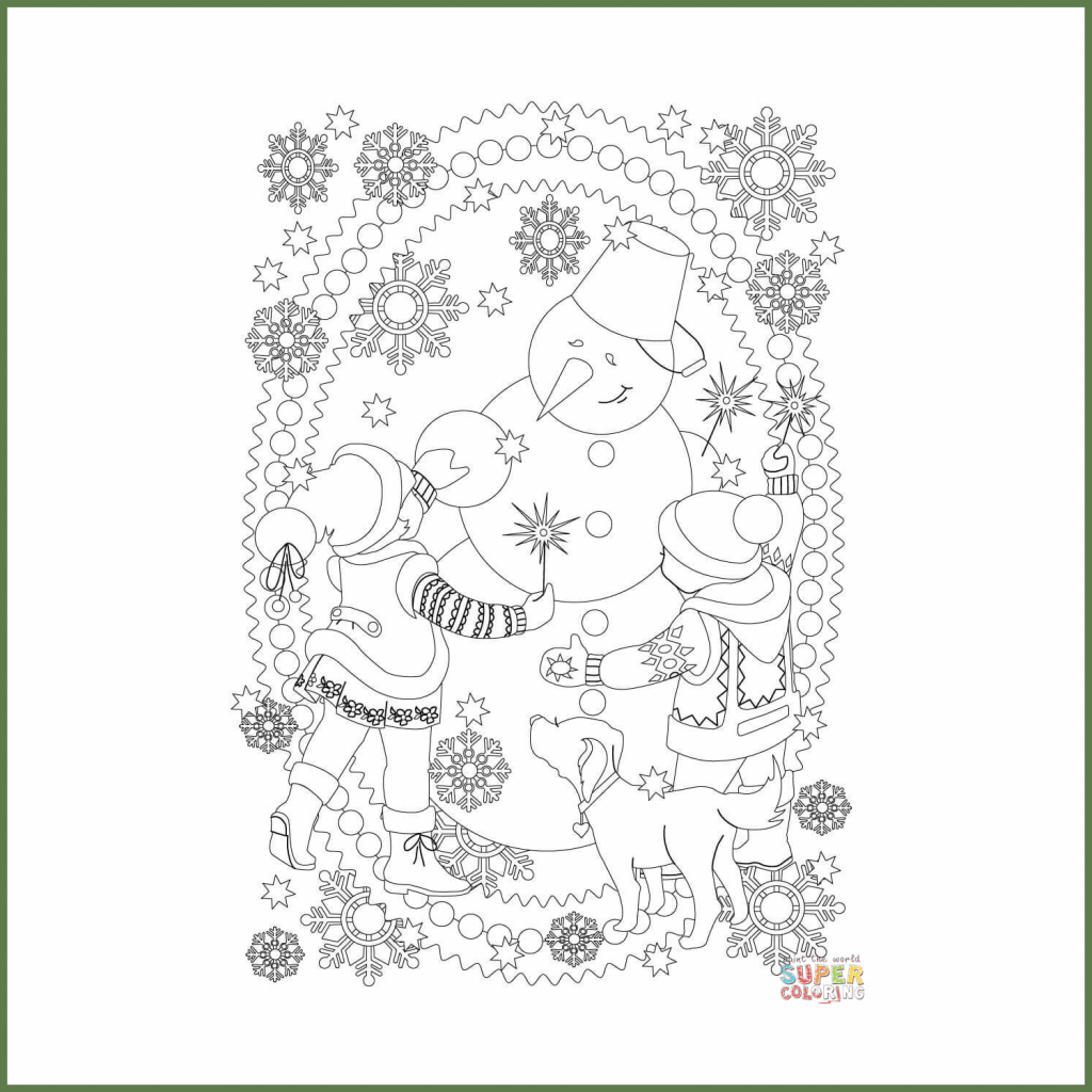 Children and a Snowman are Playing Together Free Coloring Page ...