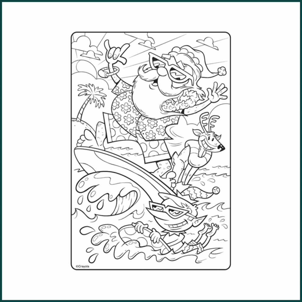 Surfing Santa and Reindeer Free Coloring Page – MasterBundles
