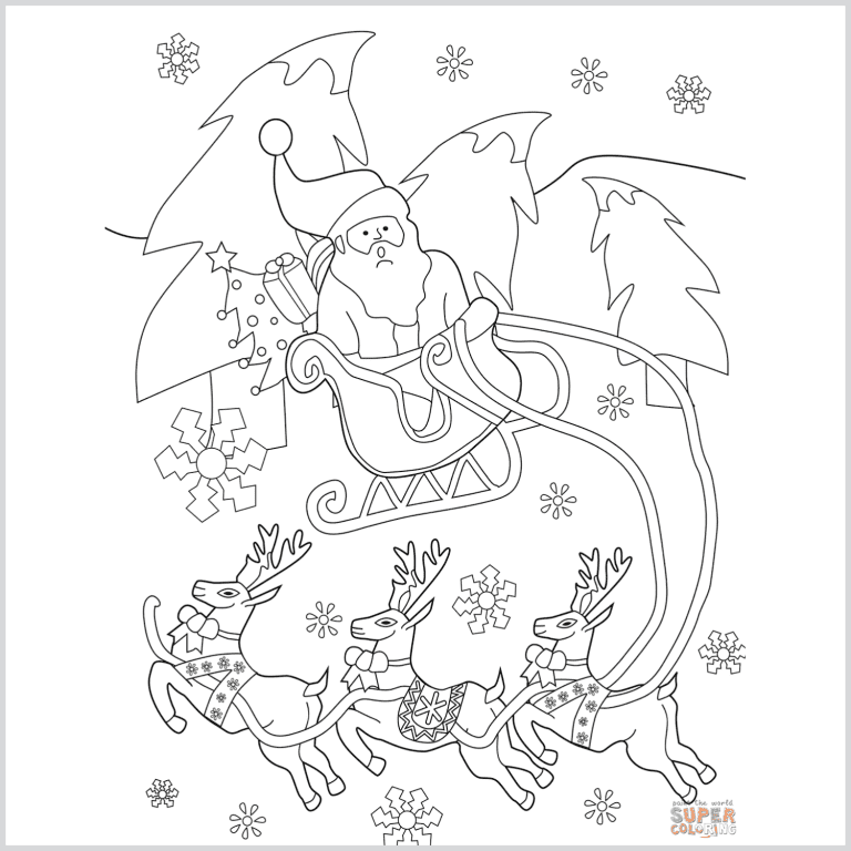 Santa on His Sleigh with Reindeers Free Coloring Page – MasterBundles