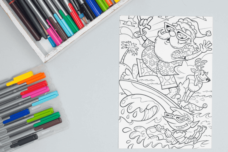 Surfing Santa and Reindeer Free Coloring Page – MasterBundles