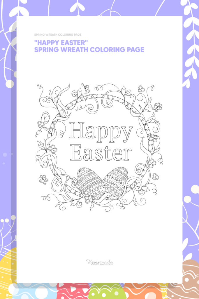"Happy Easter" Spring Wreath Coloring Page – MasterBundles