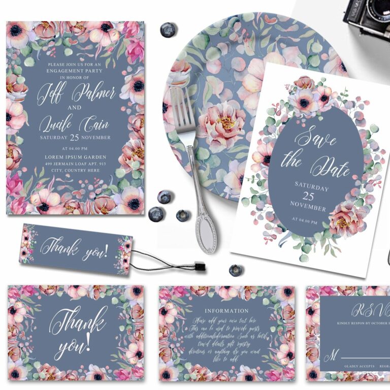 Floral Gray Blue Wedding Invitation – MasterBundles