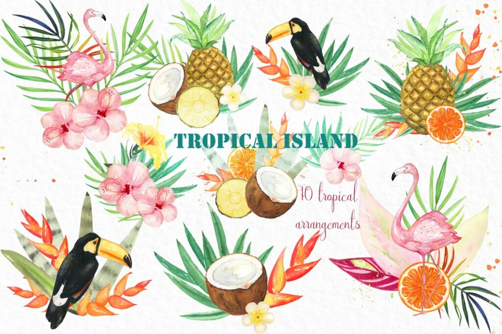 Tropical Island Watercolor Clipart – MasterBundles