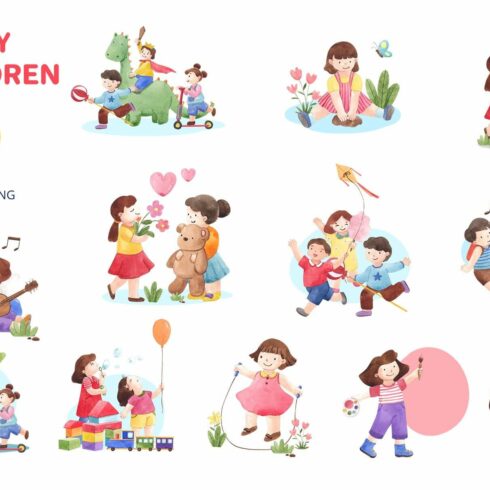 Happy Children Spring Watercolor Illustration | Master Bundles