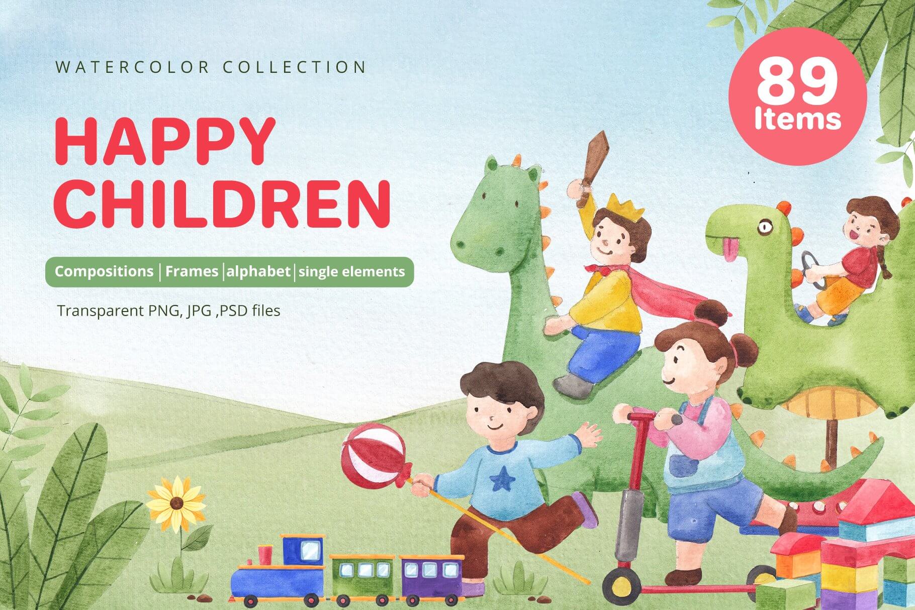 Happy Children Spring Watercolor Illustration – MasterBundles