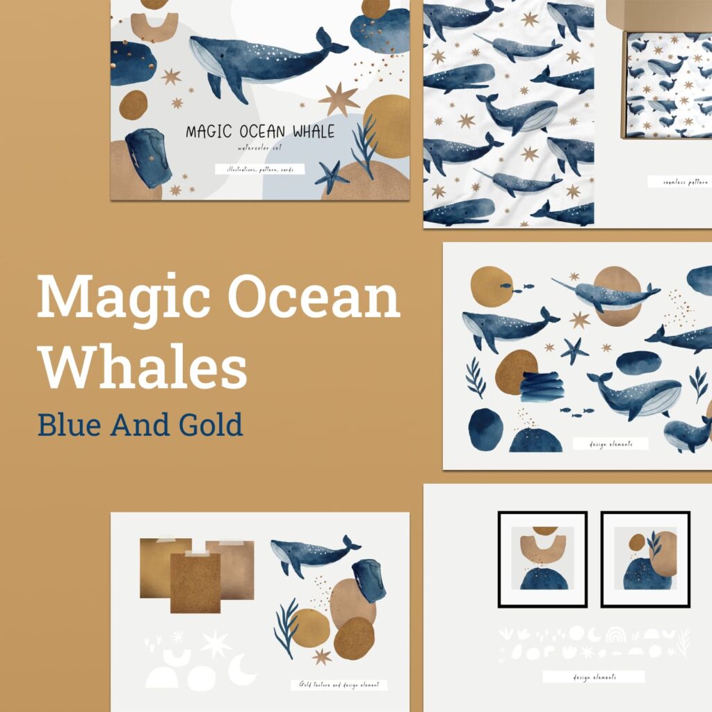 Magic Ocean Whales. Blue And Gold – MasterBundles