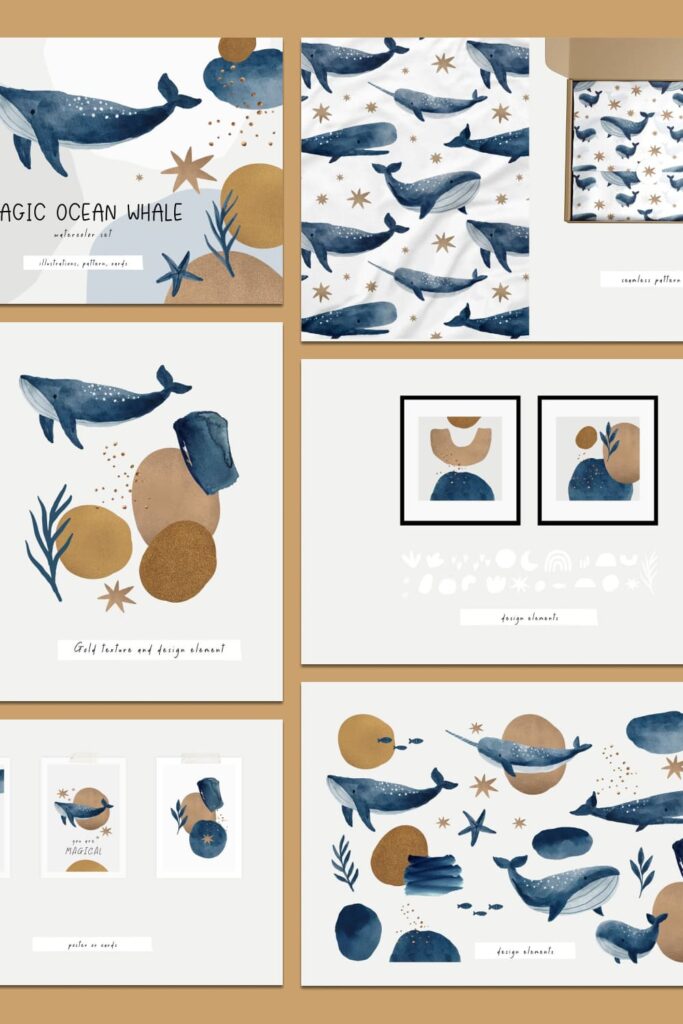 Magic Ocean Whales. Blue And Gold – MasterBundles