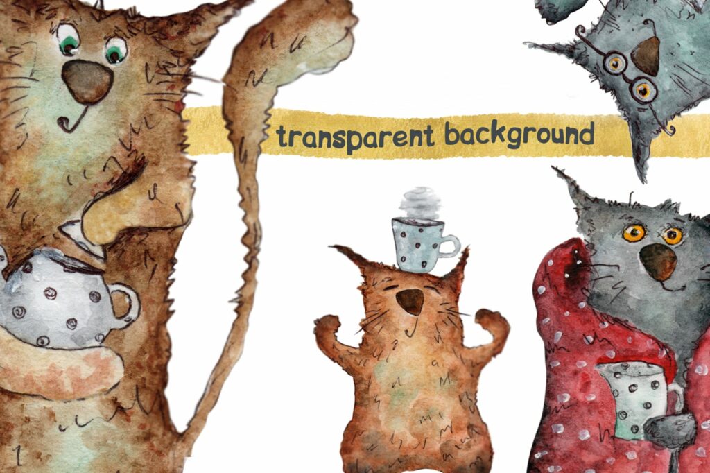 Tea party with cute cats clip art watercolor - MasterBundles