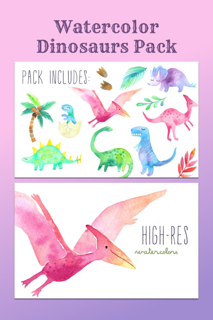 Watercolor Dinosaurs Hand Painted Graphics Pack – MasterBundles
