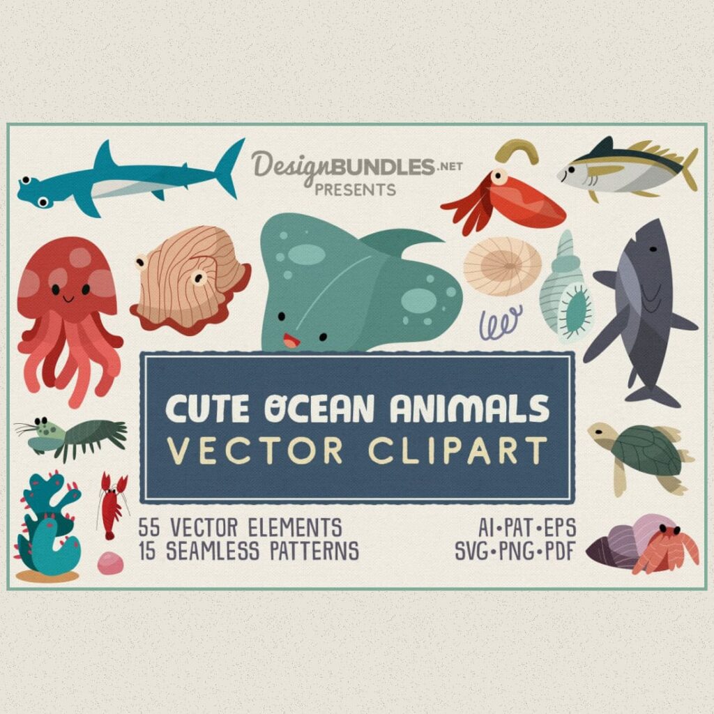 Cute Ocean Animals Vector Clipart Pack – MasterBundles
