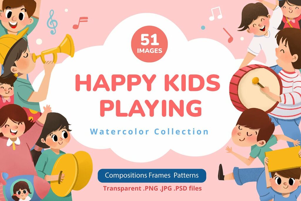Happy Kids Playing Set Watercolor – MasterBundles