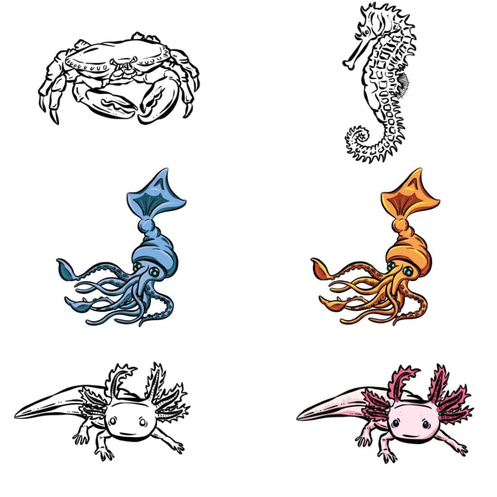 Cartoon Sea Creatures Crab Shrimp Axoloti Isopod Sticker SVG ...