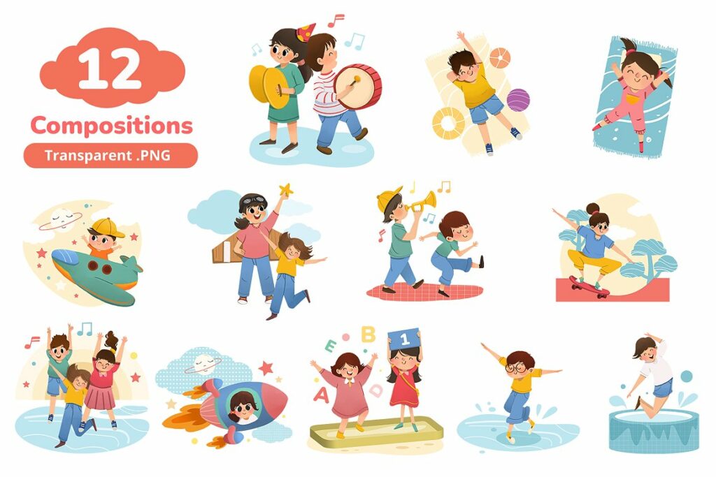 Happy Kids Playing Set Watercolor – MasterBundles