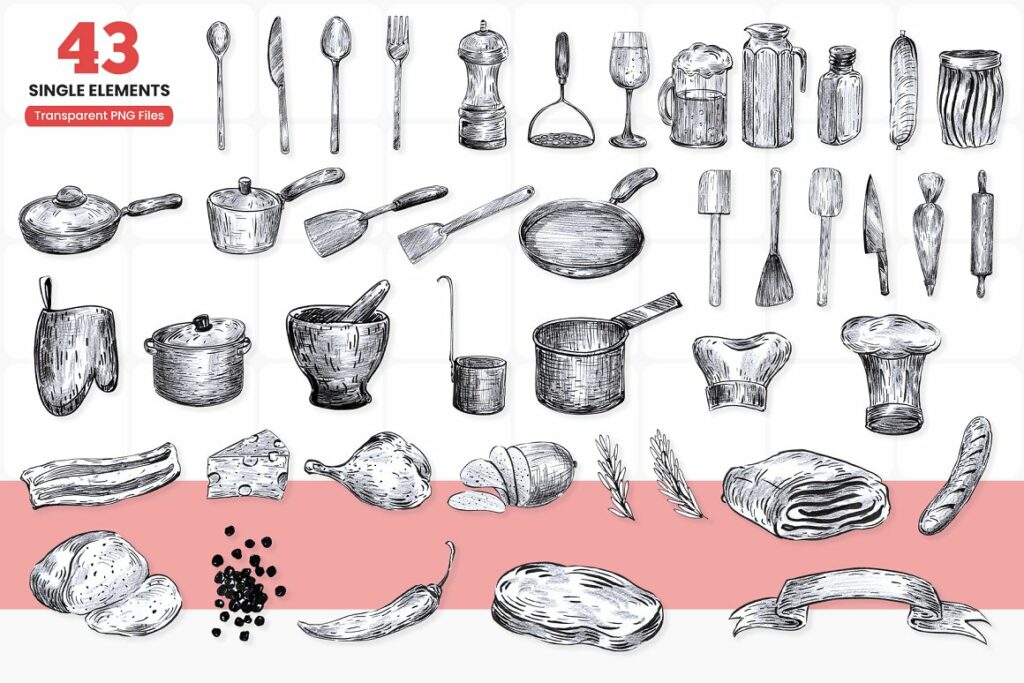 Kitchen Tools Drawing Illustration – MasterBundles