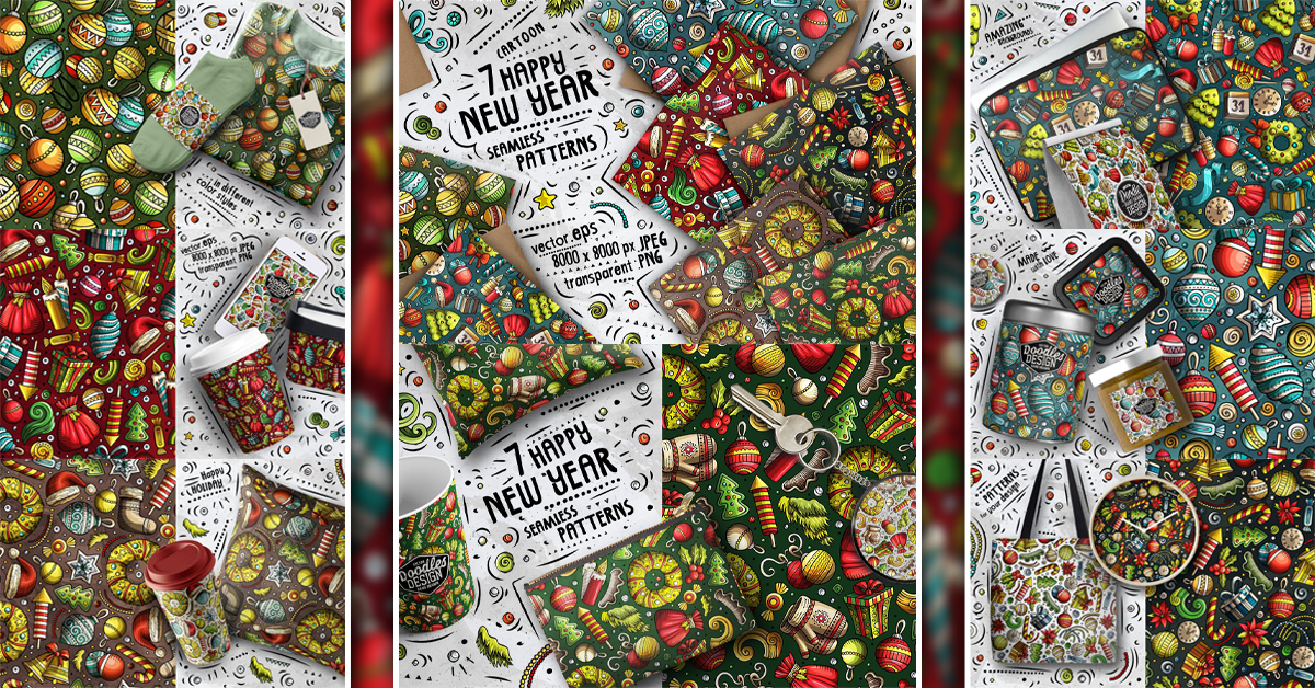 7 New Year Cartoon Seamless Patterns – MasterBundles