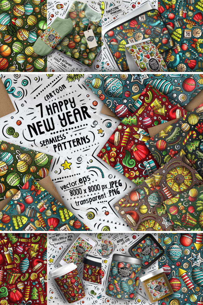 7 New Year Cartoon Seamless Patterns – MasterBundles