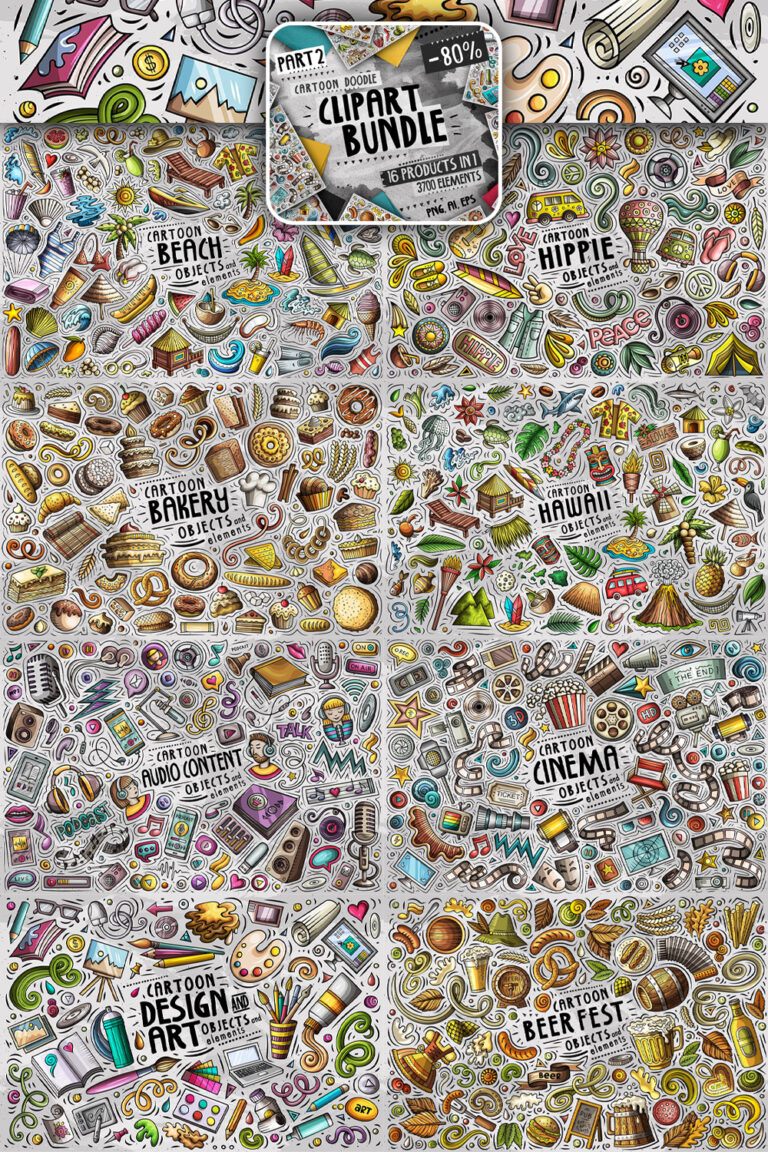 -80% Cartoon Doodle Clipart Bundle 2 – MasterBundles