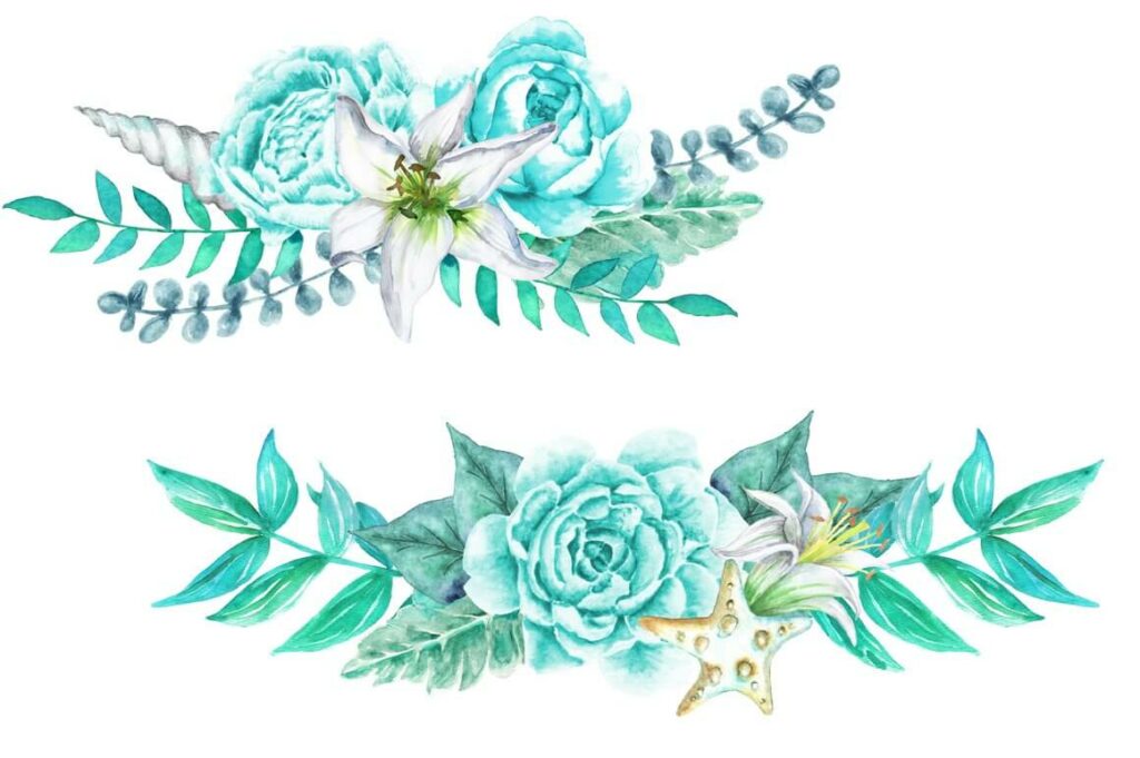 Aqua Flower And Shell Wedding Bouquets Set – MasterBundles