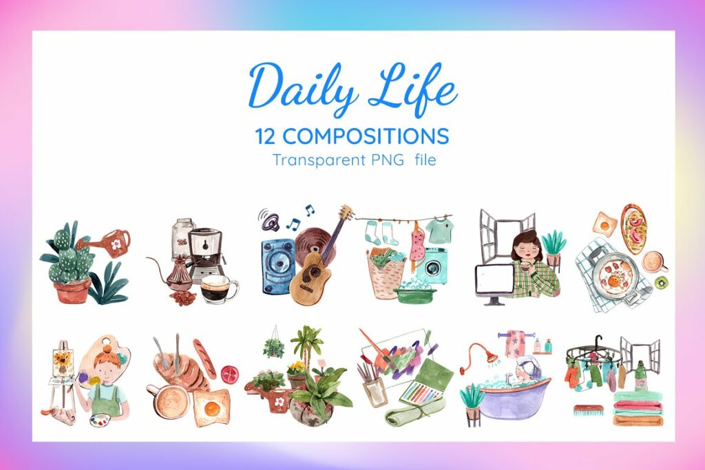 Daily Life at Home Watercolor – MasterBundles