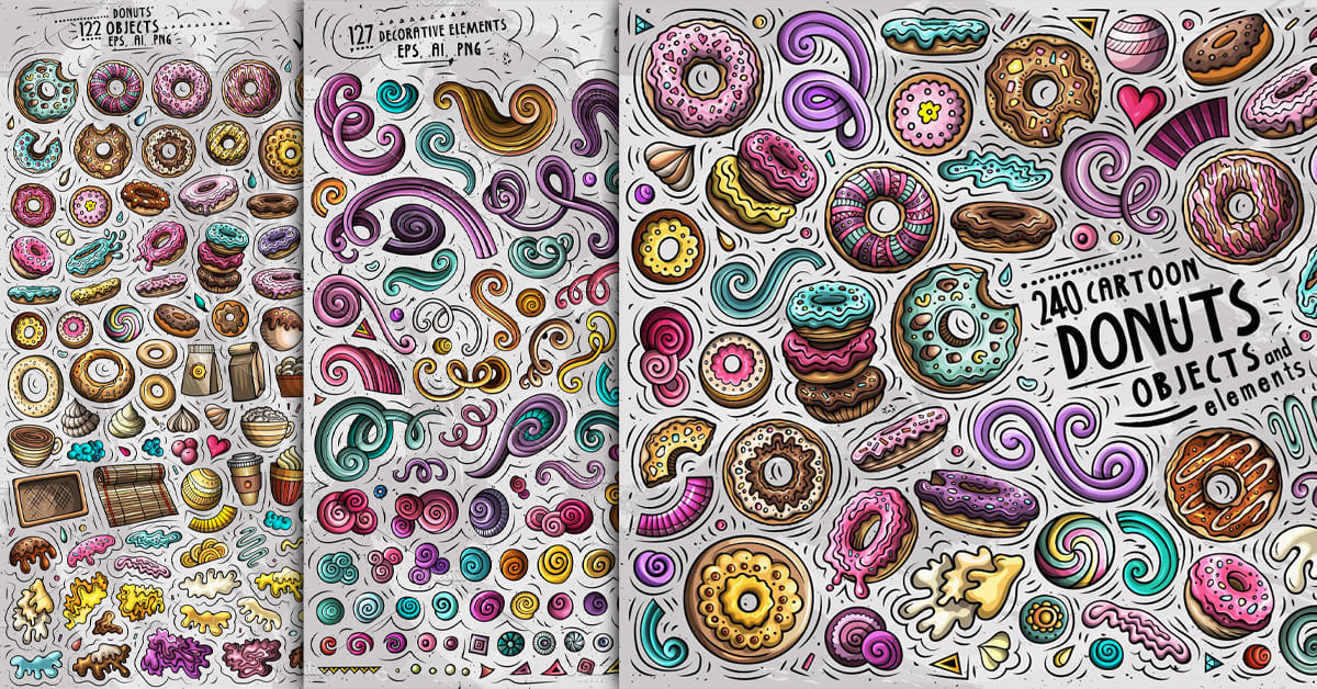 Donuts Cartoon Vector Objects Set – MasterBundles