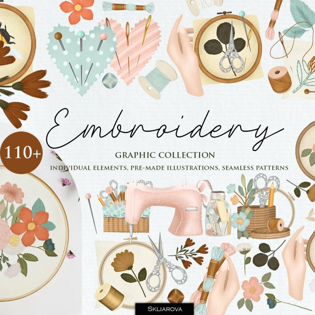 Watercolor Embroidery Clipart with Round Hoop and Flowers – MasterBundles