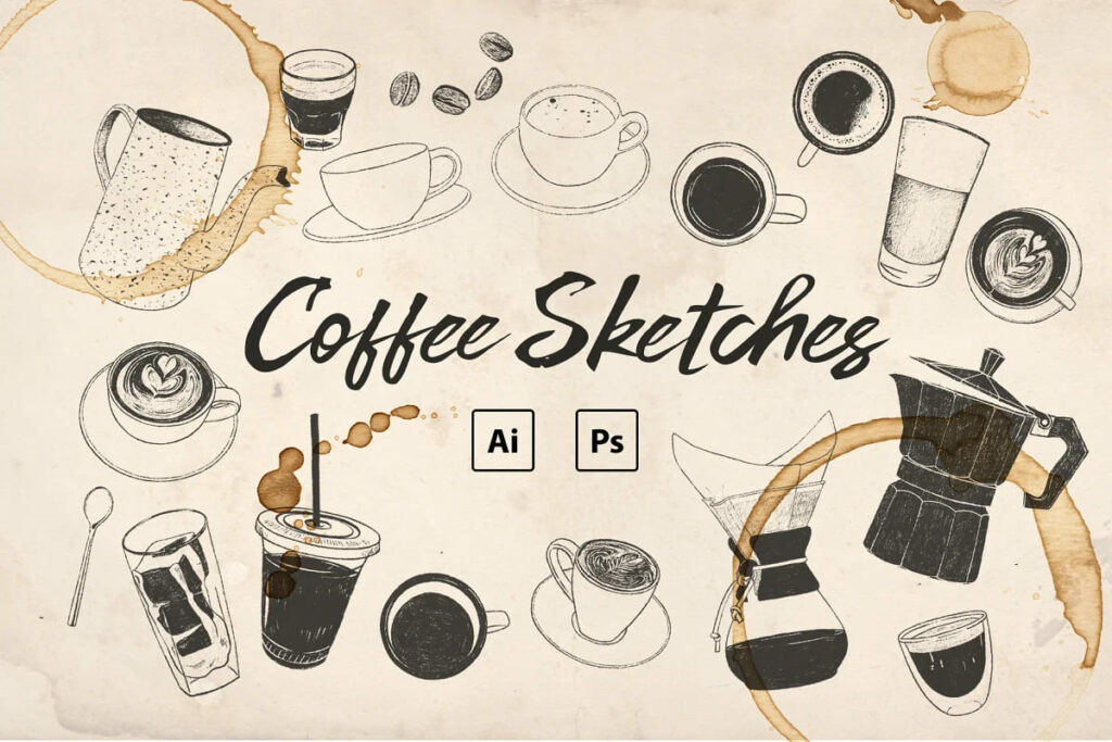 Hand Drawn Coffee Sketches PSD, AI – MasterBundles