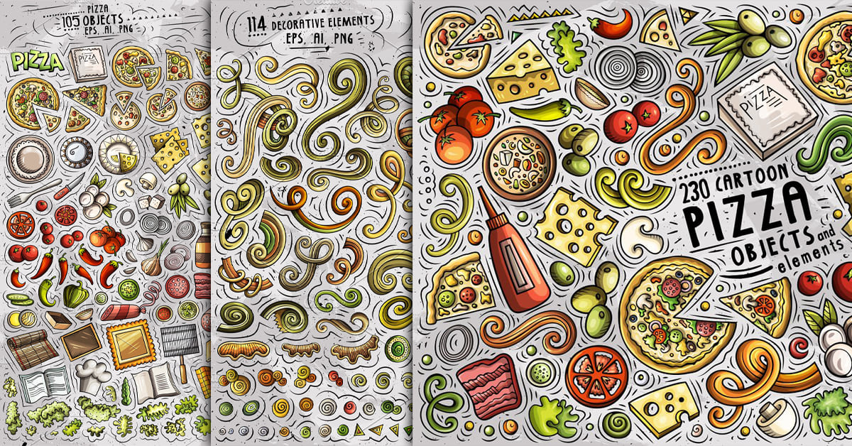 Pizza Cartoon Vector Objects Set – MasterBundles