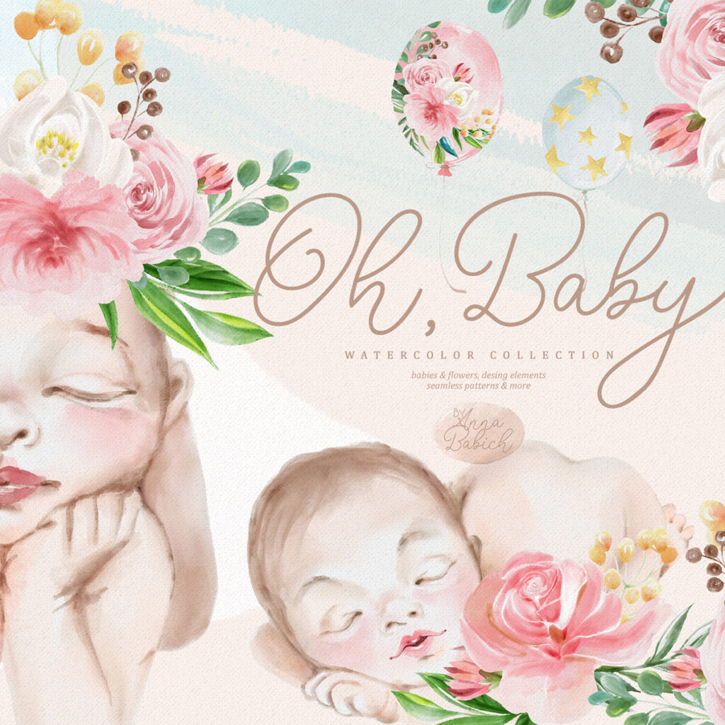 Newborn Baby Watercolor Clipart | Master Bundles