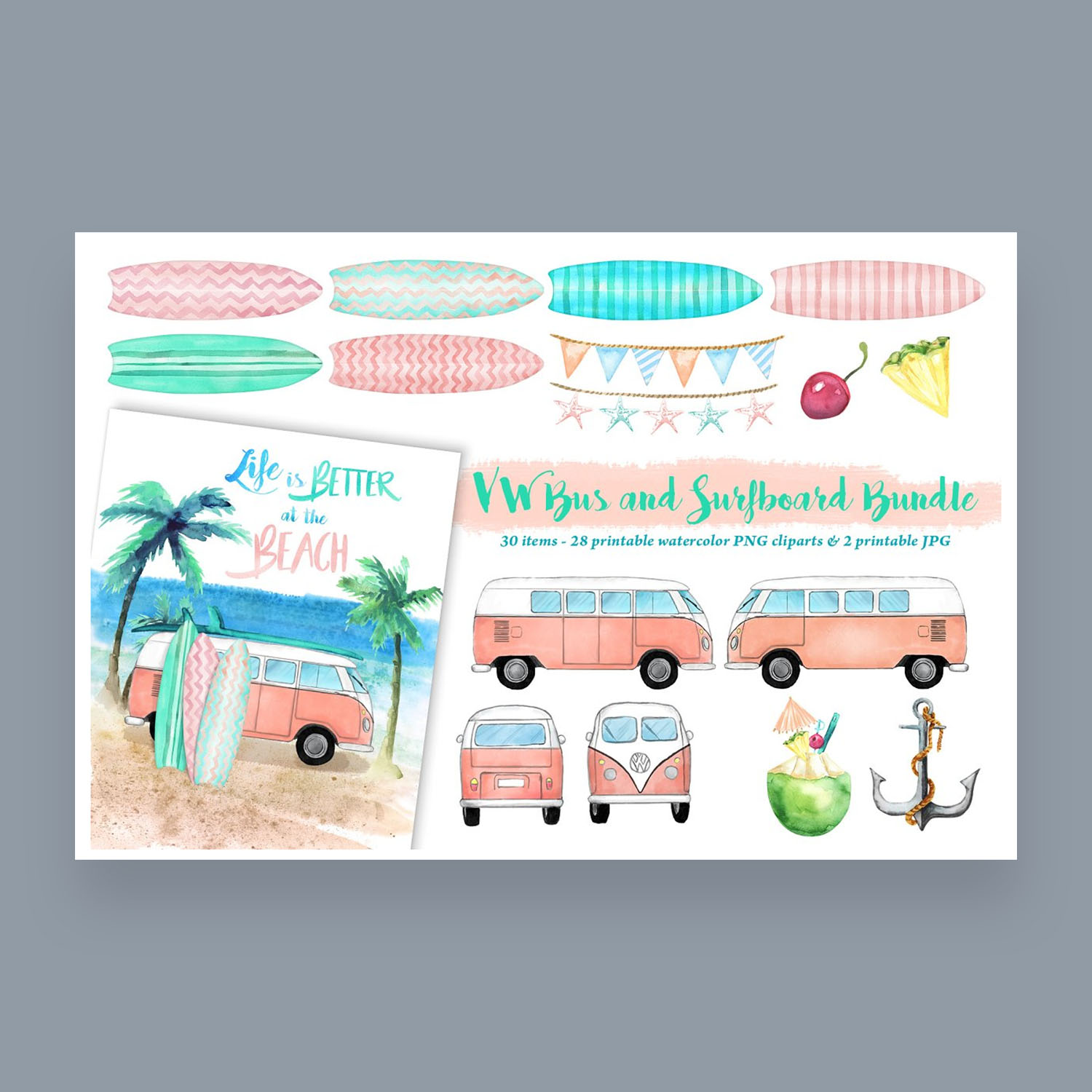 VW Bus & Surfboard Clipart Bundle – MasterBundles