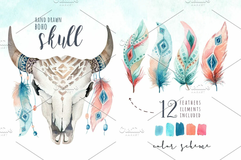 Watercolor Boho Skulls II – MasterBundles