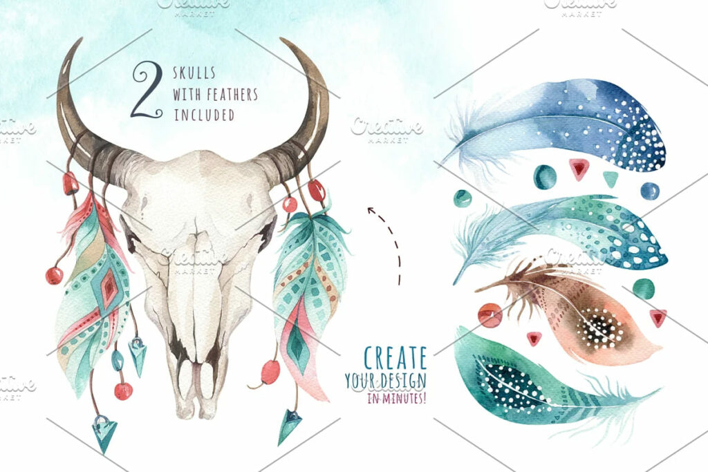 Watercolor Boho Skulls II – MasterBundles