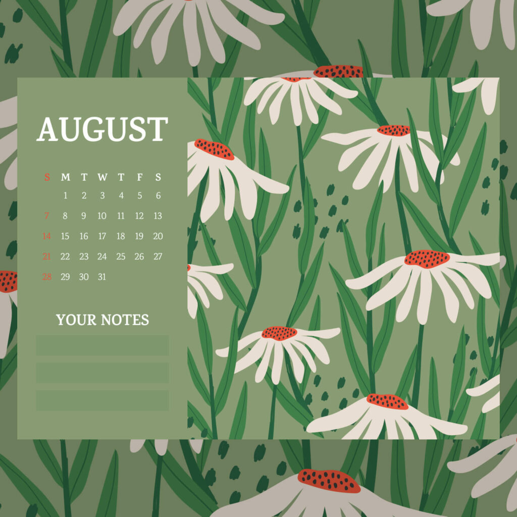 Free Chamomile August Fully Editable Printable Calendar – MasterBundles
