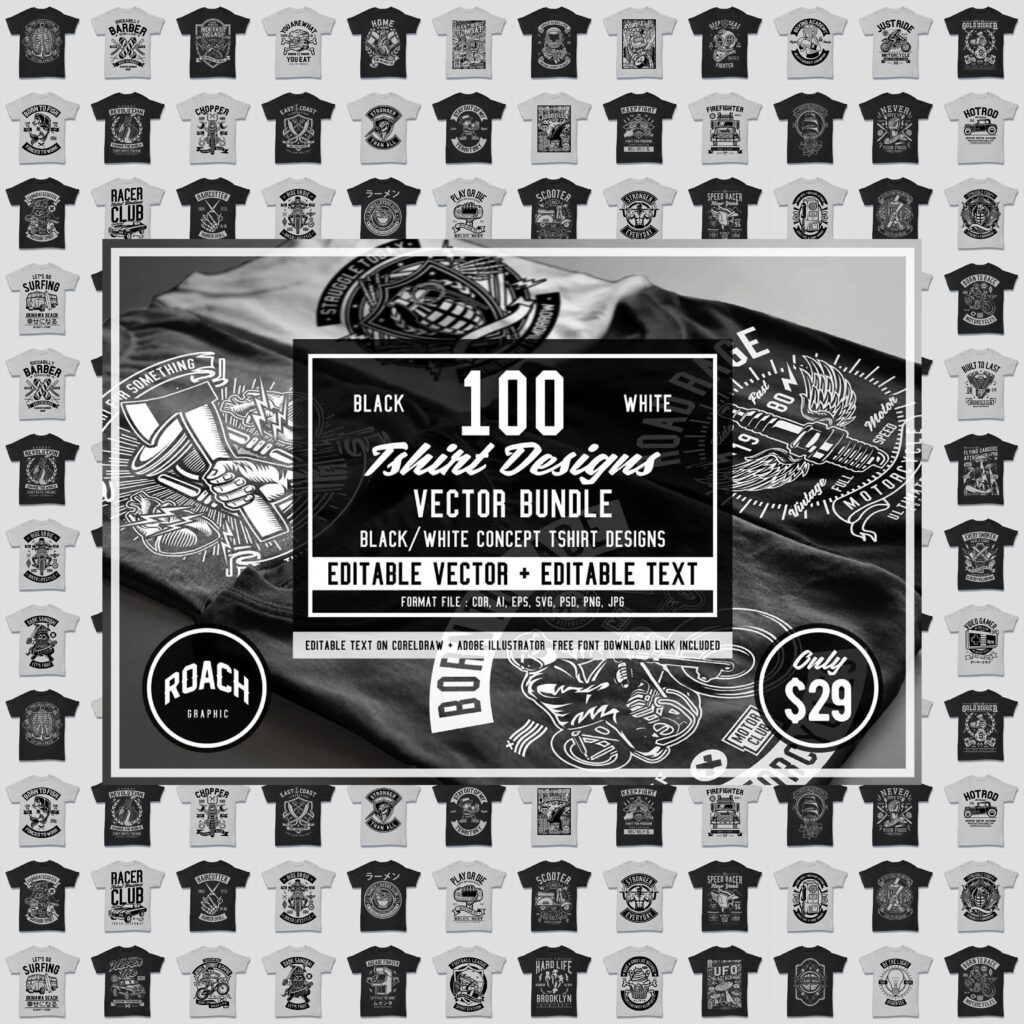 100 Vector Tshirt Designs ( B/W ) – MasterBundles