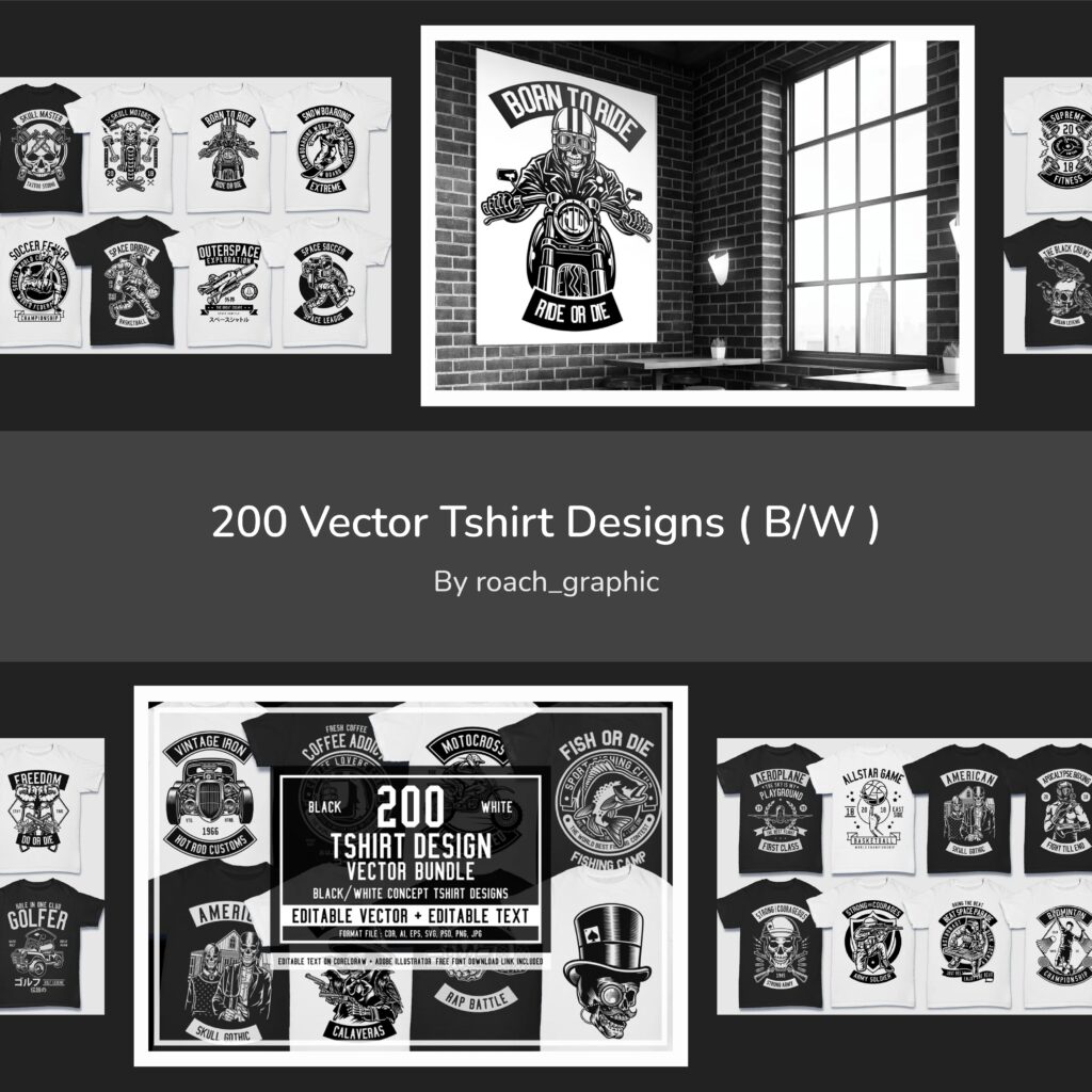 200 Vector Tshirt Designs ( B/W ) – MasterBundles